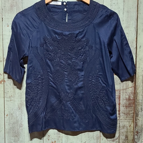 Mango | Tops | Mango Navy Blue Embroidered Blouse | Poshmark